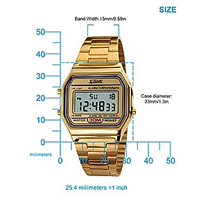 Digital Sports Watch Men's Women Water Resistant Outdoor Stainless Steel Band Electronic Square LED Back Light Wristwatch Gold 1123