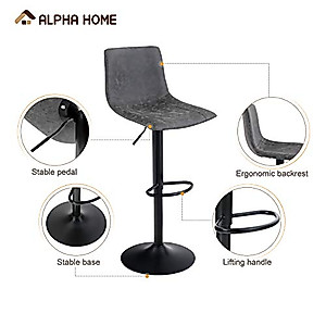ALPHA HOME 2 Pack Bar Chairs, 360 Degree Swivel Bar Stools Set of 2 with PU Leather, Counter Stools for Kitchen Counter with 300 LBS Capacity, Adjustable Counter Height Bar Stools with Back, Grey