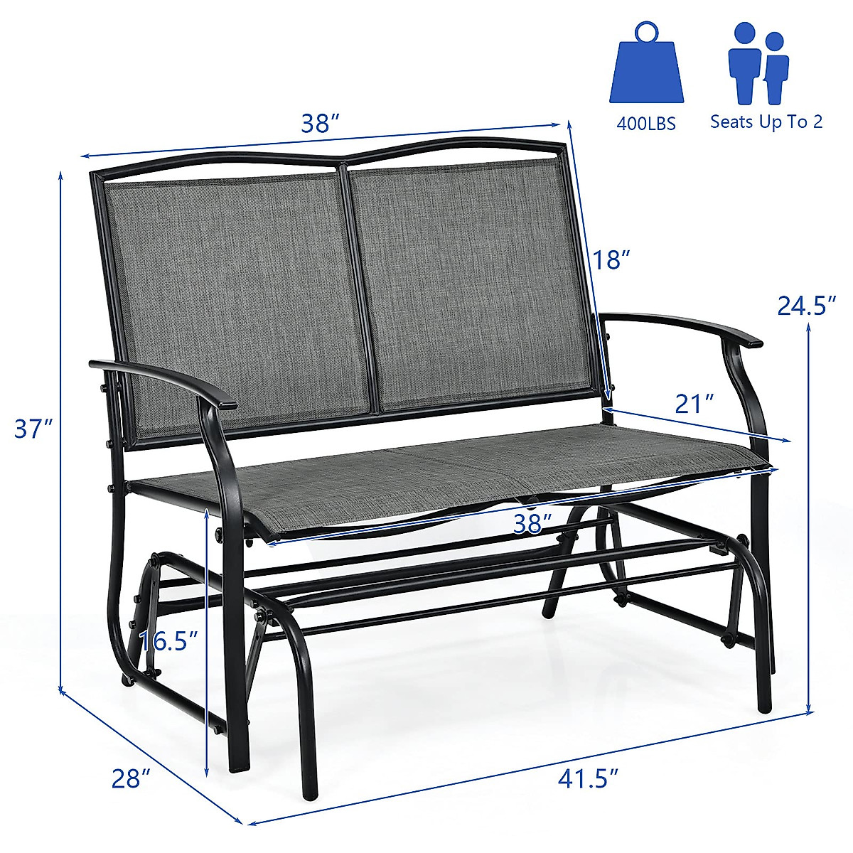 Giantex Patio Glider Benches for Outside, Swing Glider Chair with Steel Frame, 400 LBS Capacity, Patio Swing Rocker, 2-Person Loveseat for Backyard, Poolside, Lawn, Balcony, Porch Glider Bench(Gray)