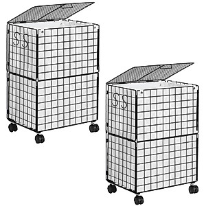 ELYKEN 2 Pack Laundry Hamper with Lid and Wheel, Rolling Metal Wire Frame Dirty Clothes Basket for Small Bathroom, 61L Capacity Liner Bag with Handle, Heavy Duty Steel Cover Bedroom Organizer White