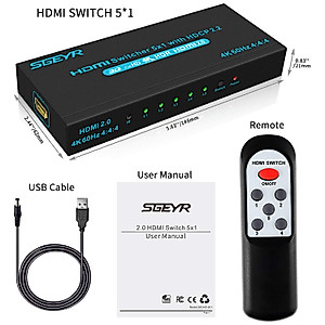 SGEYR 4K HDMI Switcher 5x1 with IR Remote, High-Speed 5 Port HDMI Selector Box 4K@60Hz Support HDR HDCP2.2 for PS5, Xbox, Roku, Fire Stick - Streamline Your Gaming Setup(Black)