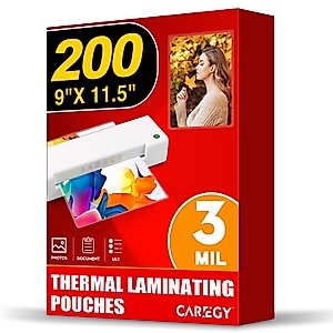 CAREGY Thermal Laminating Pouches, 200 Pack Laminating Sheets, 3 Mil, 9 x 11.5 Inches Lamination Sheet Paper for Laminator, Clear, Letter Size, Office and School Supplies