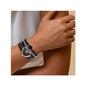 Dcfywl731 Multilayer Wrap Leather Bracelet Heart Modern Boho Bracelet Clasp Cuff Rhinestone Leather Bracelets for Women (Black)