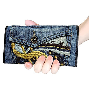 Bijoux de Ja Upcycling Blue Denim Embroidery Flap Cover Pocket Money Long Wallet Purse Clutch for Women (RANDOM)