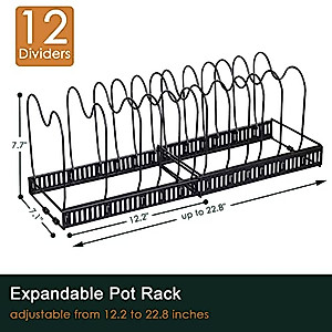 Mlesi Expandable Pot and Pan Organizer Rack, 12+ Pot Lid Organizer Holder, Bakeware Adjustable Rack, Kitchen Cabinet Organizer for Bakeware Cutting Boards, Black