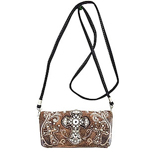Western Style Rhinestone Cross Totes Purse Concealed Carry Handbags Women Country Shoulder Bag Wallet Set (Brown Set)