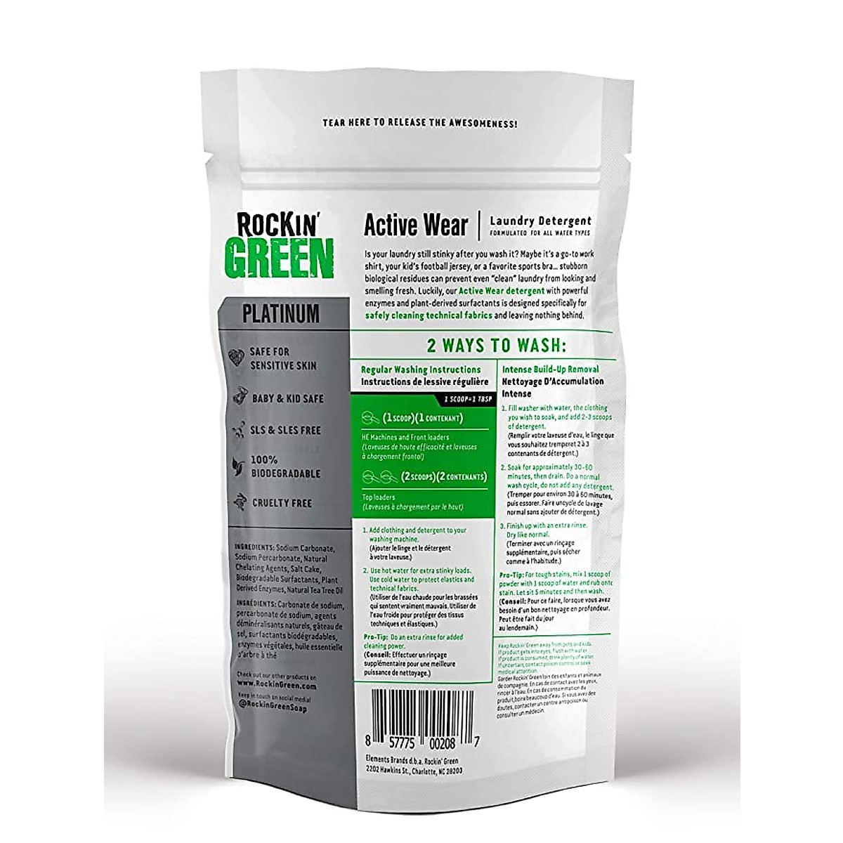 Rockin' Green Active Wear Detergent (90 Loads), Plant based, All Natural Laundry Detergent Powder, Vegan and Biodegradable Odor Fighter, Safe for Sensitive Skin, 45 oz (Unscented)
