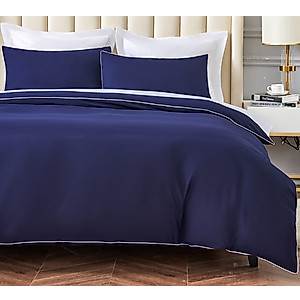 DAUAOTO Duvet Cover Full/Queen Set, Navy Blue Microfiber Bedding with Decorative White Piping, 1 Zipper Closure Cover + 2 Standard Shams