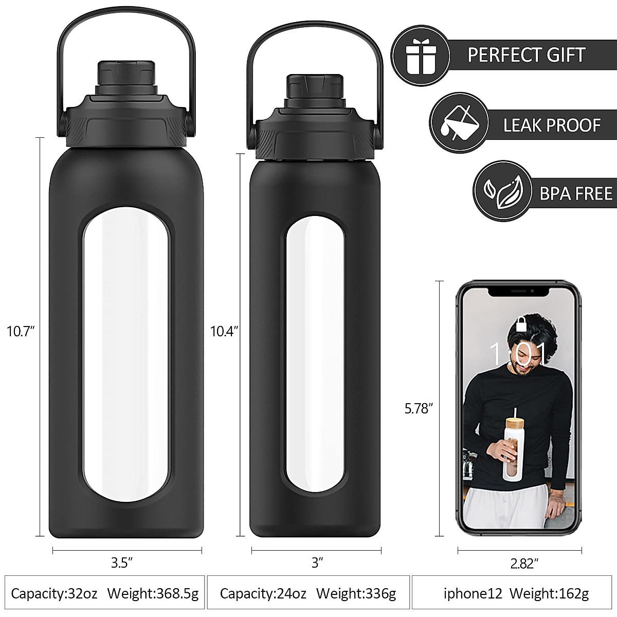 Kodrine Glass Water Bottles with Straw, 24oz Water Bottle with 2 Lids - Handle Spout Lid & Bamboo Straw Lid, Motivational Water Bottle with Silicone Sleeve, Wide Mouth, Leakproof, BPA Free(Black)