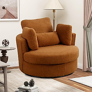 Oversized Accent Swivel Barrel Chair, Modern Upholstered Cuddle Sofa Chair with 3 Pillow 360 Swivel Lounge Chair Leisure Cozy Club Chair for Living Room Bedroom Office (Sherpa Caramel)
