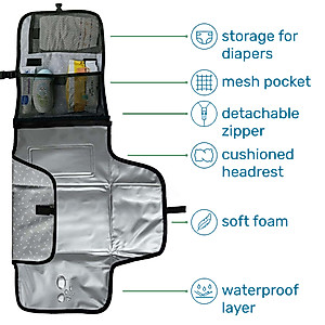 Enovoe Portable Diaper Changing Pad for Baby - Convenient, Durable, Waterproof Travel Changing Mat with Built-in Head Pillow for Your Infant - Grey Leaf Design