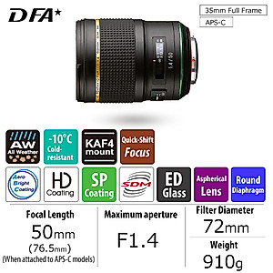Pentax HD PENTAX-D FA50mmF1.4 SDM AW Single-focus standard lens New-generation, Star-series lens Extra-sharp, high-contrast images Free of flare and ghost images, Black