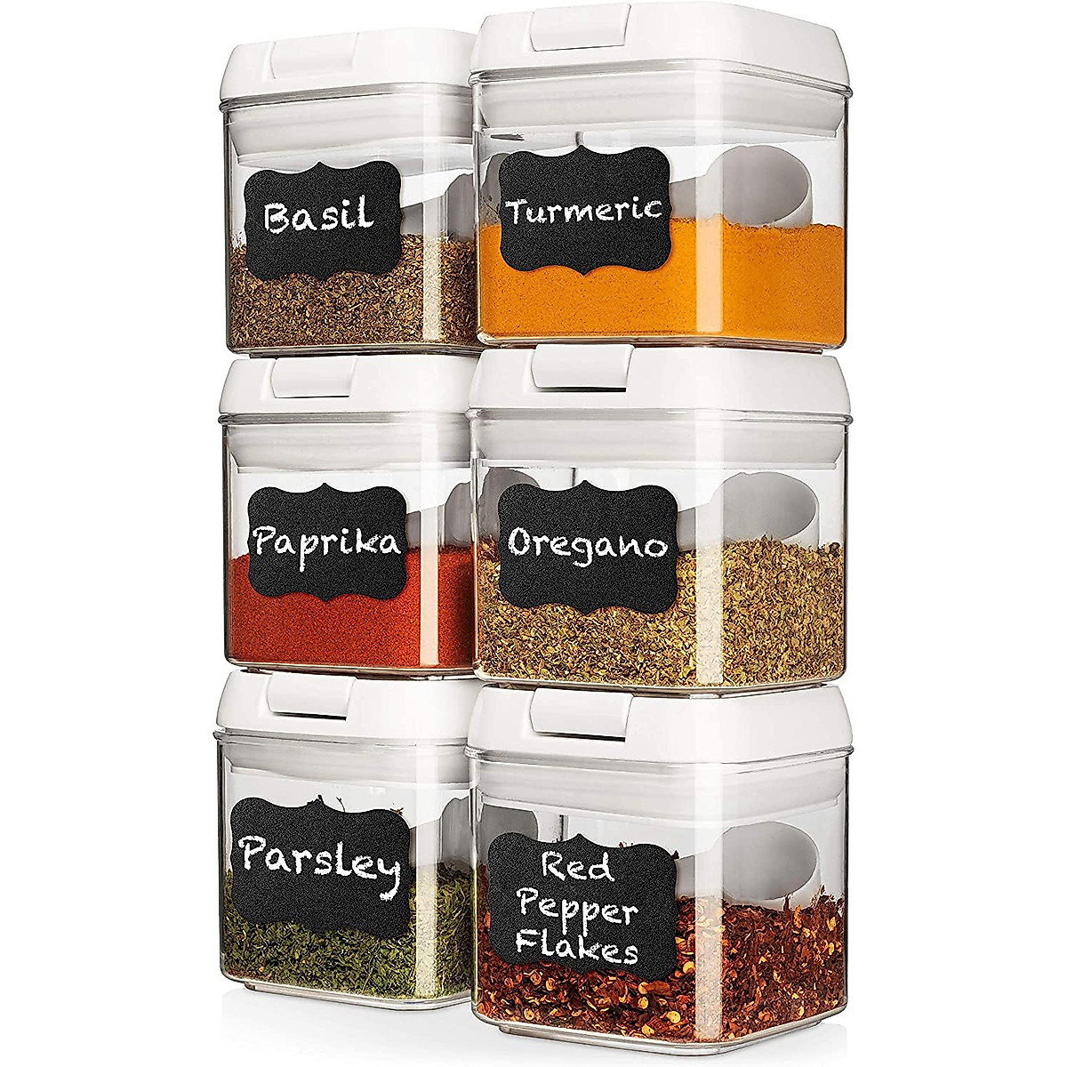 Shazo Airtight 6 Pc Spice Containers Set + 6 Spoons - Durable Clear Plastic Food Storage Containers with Lids - Kitchen Cabinet Pantry Organization for Spices, Herbs, Coffee, Tea etc