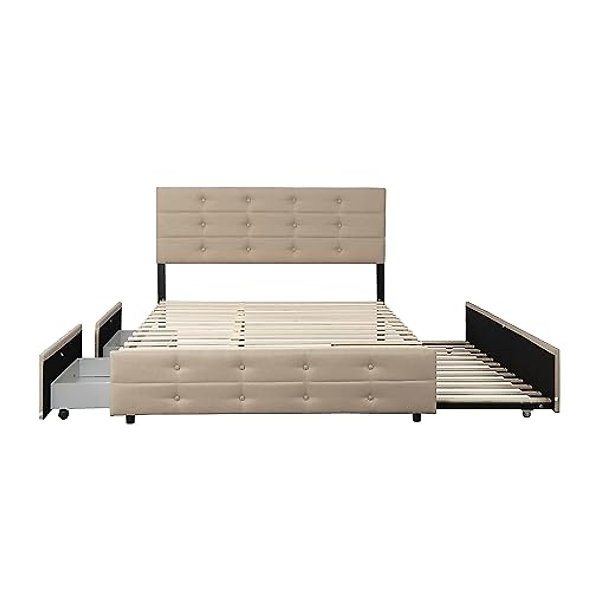 HAUSHECK Queen Size Upholstered Platform Bed with Trundle & Two Drawers - Trundle with 4 Wheels, Wooden Slats Support, Modern Linen Fabric Bed Frames No Box Spring Needed for Kids, Teen & Adults