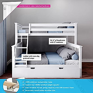 Max & Lily Bunk Bed, Twin-Over-Full Wood Bed Frame For Kids With Trundle, Grey