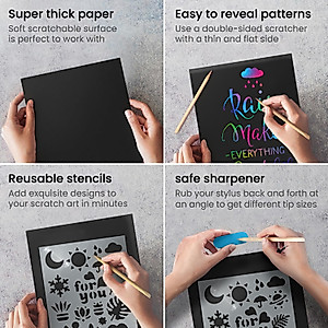 ARTEZA Scratch Paper, Set of 42 Sheets, 10.9 x 8.2 Inches, Includes 4 Unique Patterns, 4 Scratchers, 4 Stencils, 4 Post Cards
