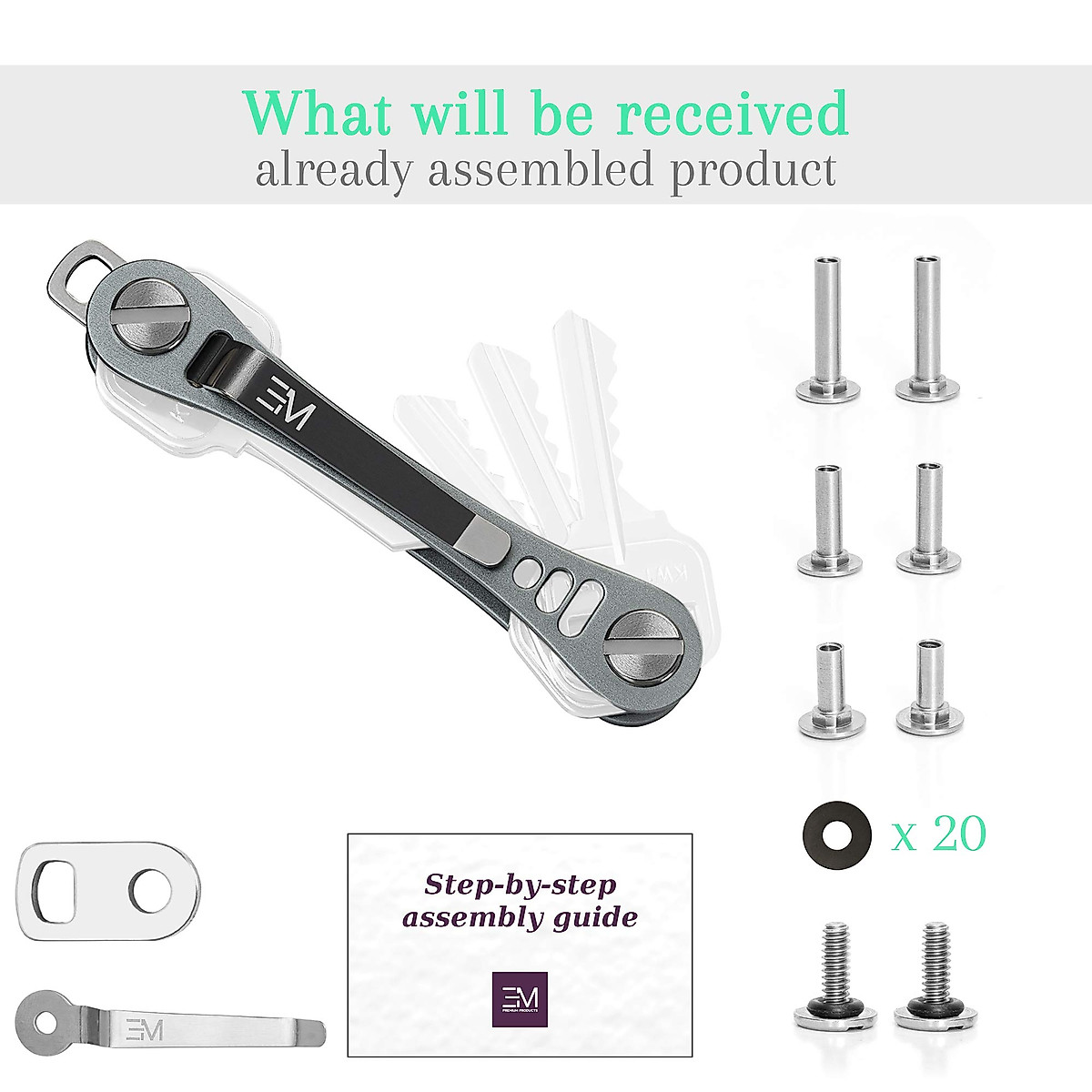 Compact Key Holder for Keychain for Up To 14 Keys - Aircraft Grade Aluminum Key Organizer Keychain, Minimalist Style Key Chain Pocket Clip Design Grey