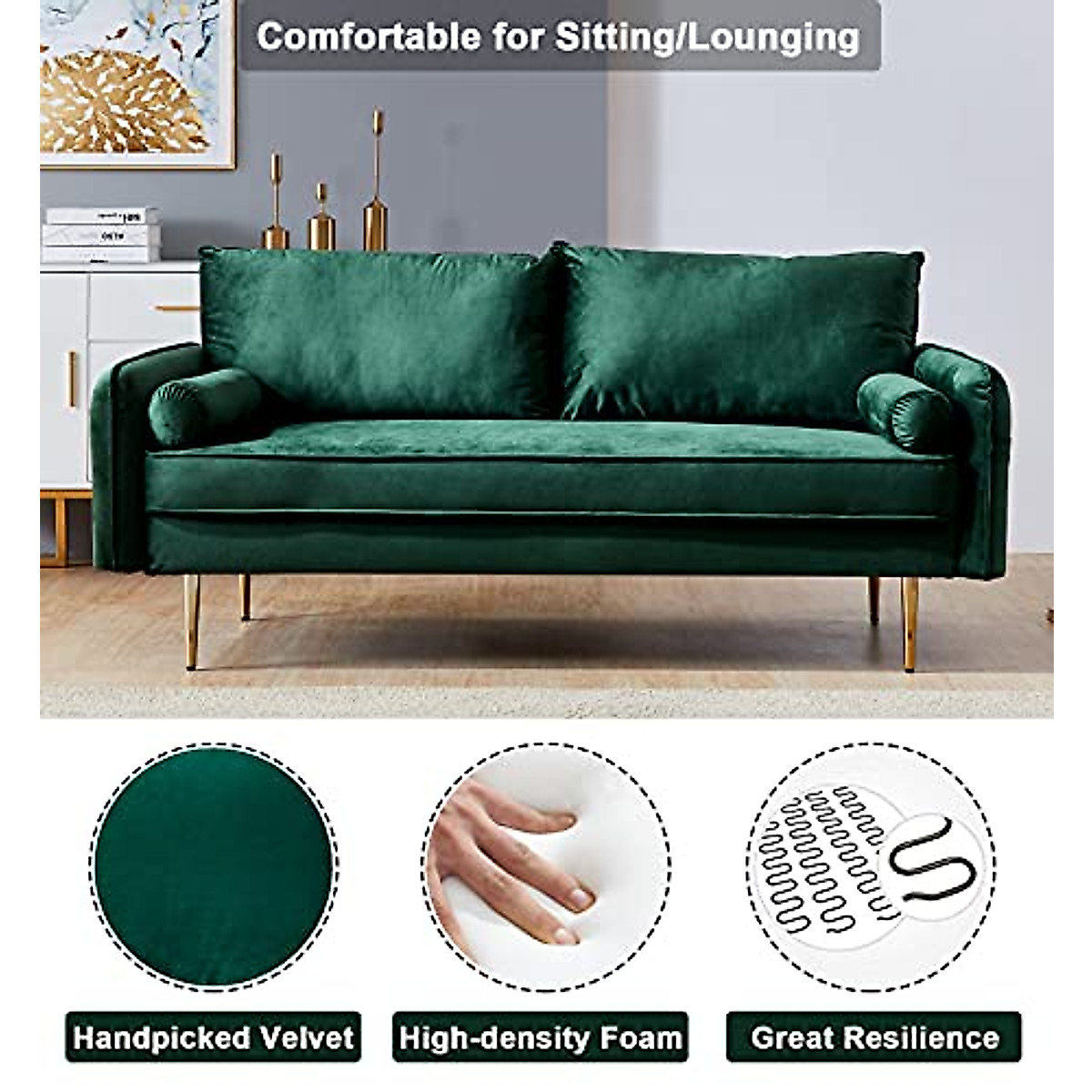 SLEERWAY Velvet Couch with 2 Small Pillows, Modern Loveseat Sofa Twin Size Contemporary Sofas for Living Room and Bedroom (Green)