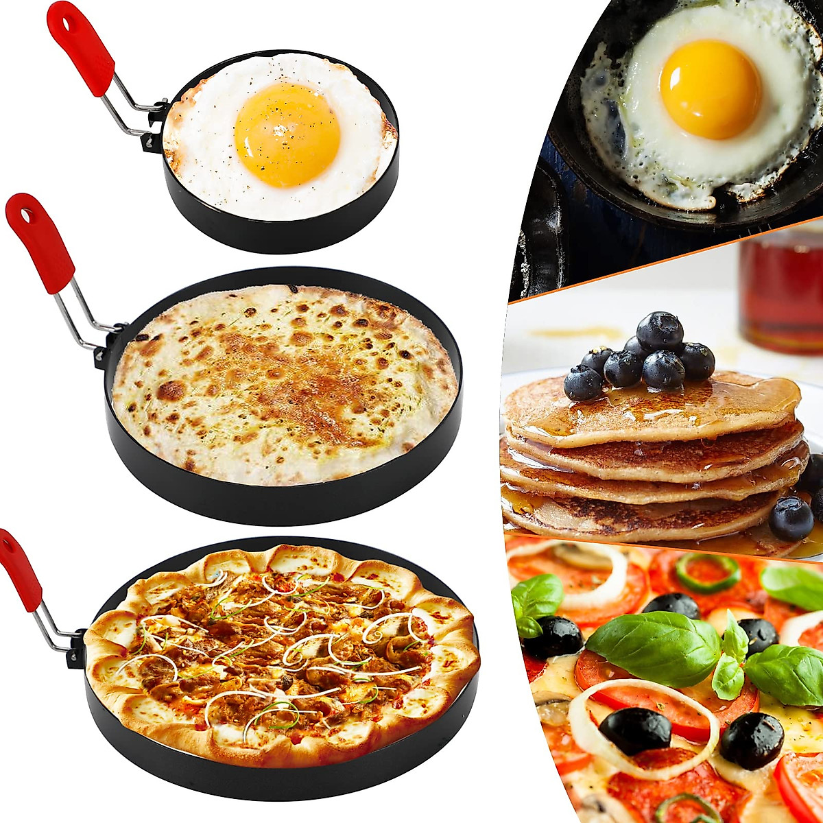5 PCS Pancake Mold Sets, 3 Pcs Egg Circles for Frying Eggs, 2 PCS Taco Shell Holder Stand, Rack Holds Up to 3 Tacos, 4 Inch 6 Inch 8 Inch Griddle Egg Ring with Silicone Handle for Breakfast Sandwiches