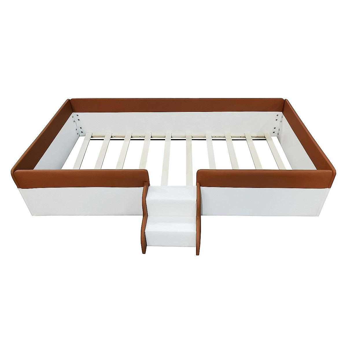 PU Upholstered Floor Bed with Fence and Stairs, Twin Floor Bed with Slats, Montessori Floor Bed for Kids, Girls, Boys, Twin Size Montessori Bed (Brown+White)