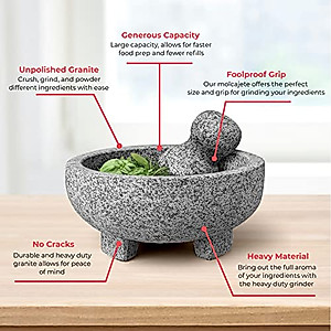 Alpine Cuisine Mortar and Pestle Molcajete Set - 8 Inch Granite - Unpolished Granite, Spice Grinder Bowl for Salsa, Herb Crusher, Grind and Crush Spices