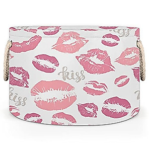 Kiss Print Large Round Baskets for Storage Laundry Baskets with Handles Blanket Storage Basket for Bathroom Shelves Bins for Organizing Nursery Hamper Girl Boy