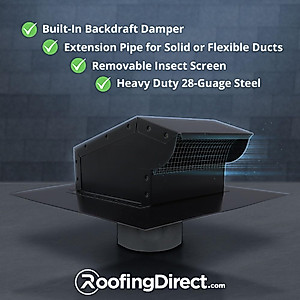 RDP Rooftop Exhaust Vent Cap with Damper and Bottom Extension (10 Inch, Black)