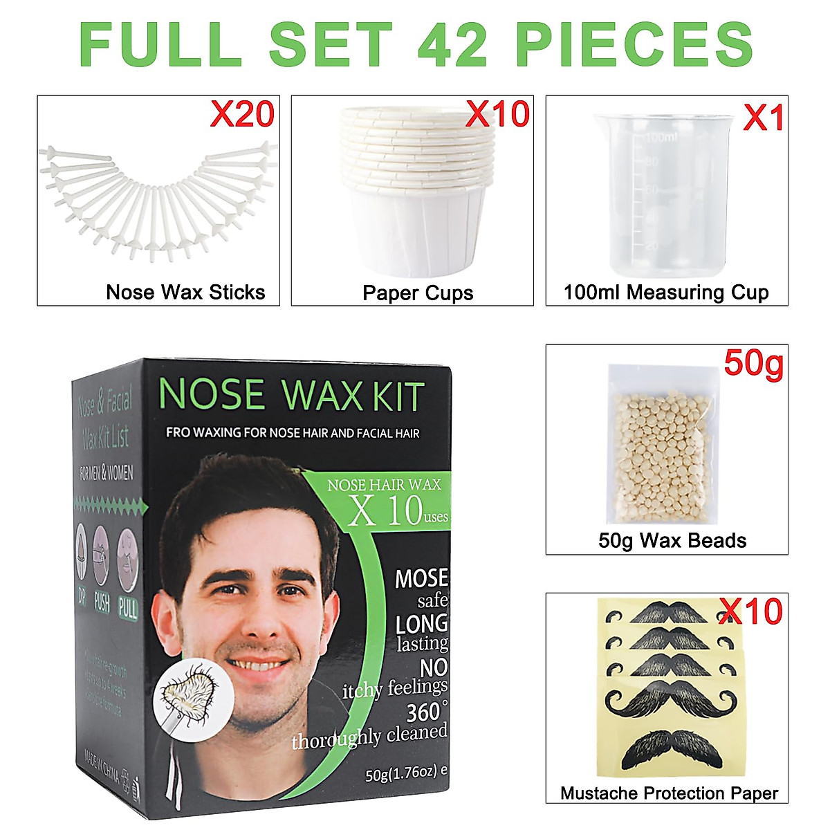 Nose and Ear Hair Waxing Kit - Hair Removal Set for Men and Women with 50g Wax Beads, 20 Applicators, 10 Paper Cups, and 10 Mustache Guards