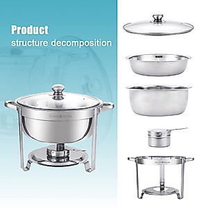 SILVER MOON 4.5 QT Round Chafing Dish, chaffing server set buffet, Stainless Steel Buffet Chafer with Glass Lid, Chafers and Buffet Warmers Set for Catering, Buffet Food Warmer for Parties