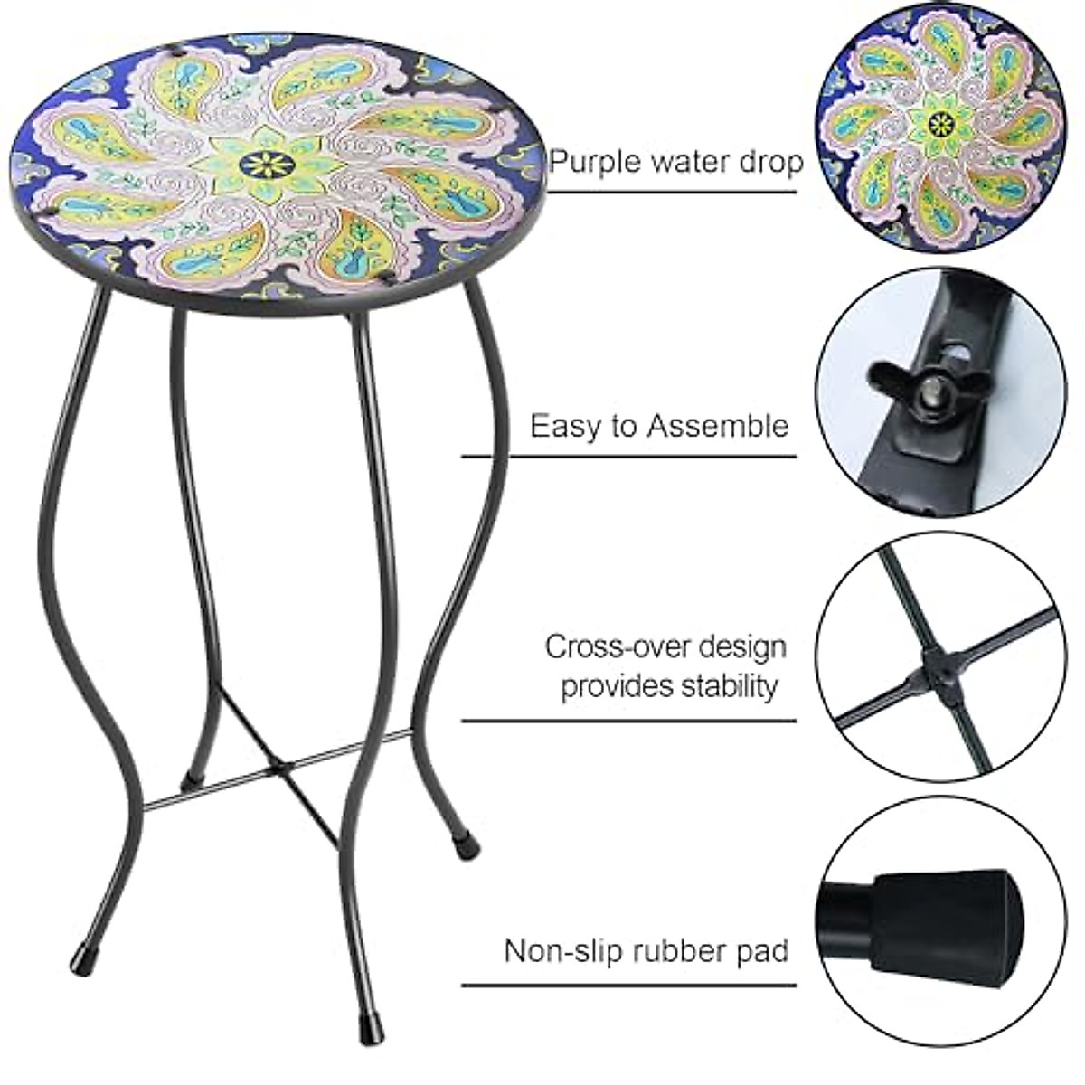 Paytonture Patio Side Table Outdoor Mosaic Table Accent Coffee Table,Plant End Table Small Porch Purple Table Indoor,Round Glass Balcony Small Porch Plant Stands for Garden Patio Living Room 14 Inch