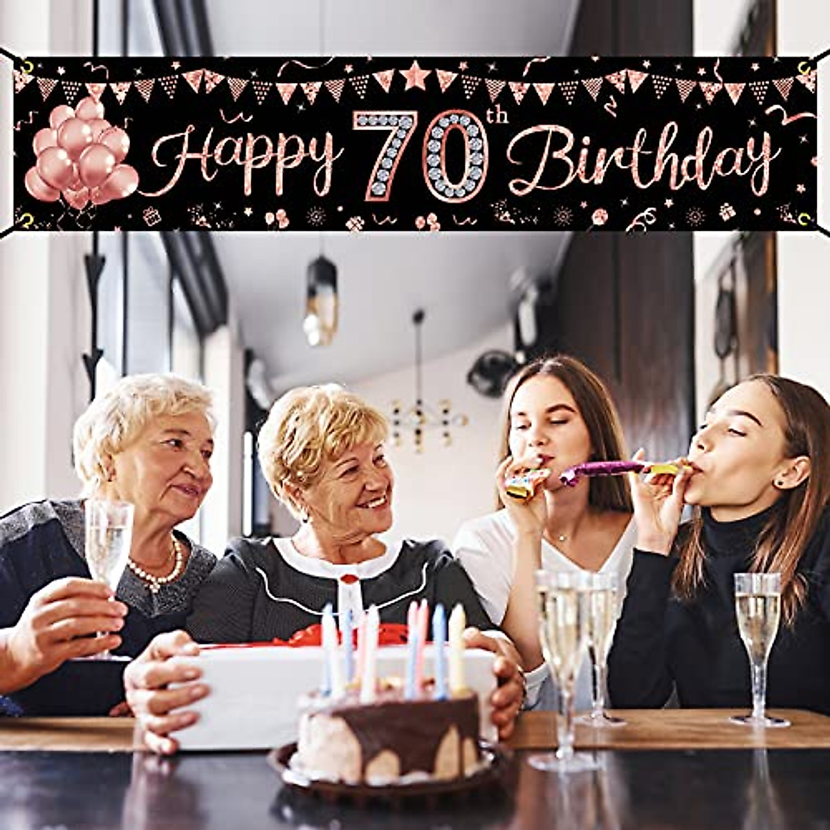 Happy 70th Birthday Banner Decorations for Women, Rose Gold 70 Birthday Sign Party Supplies, Funny 70 Year Old Theme Birthday Party Decor for Outdoor Indoor