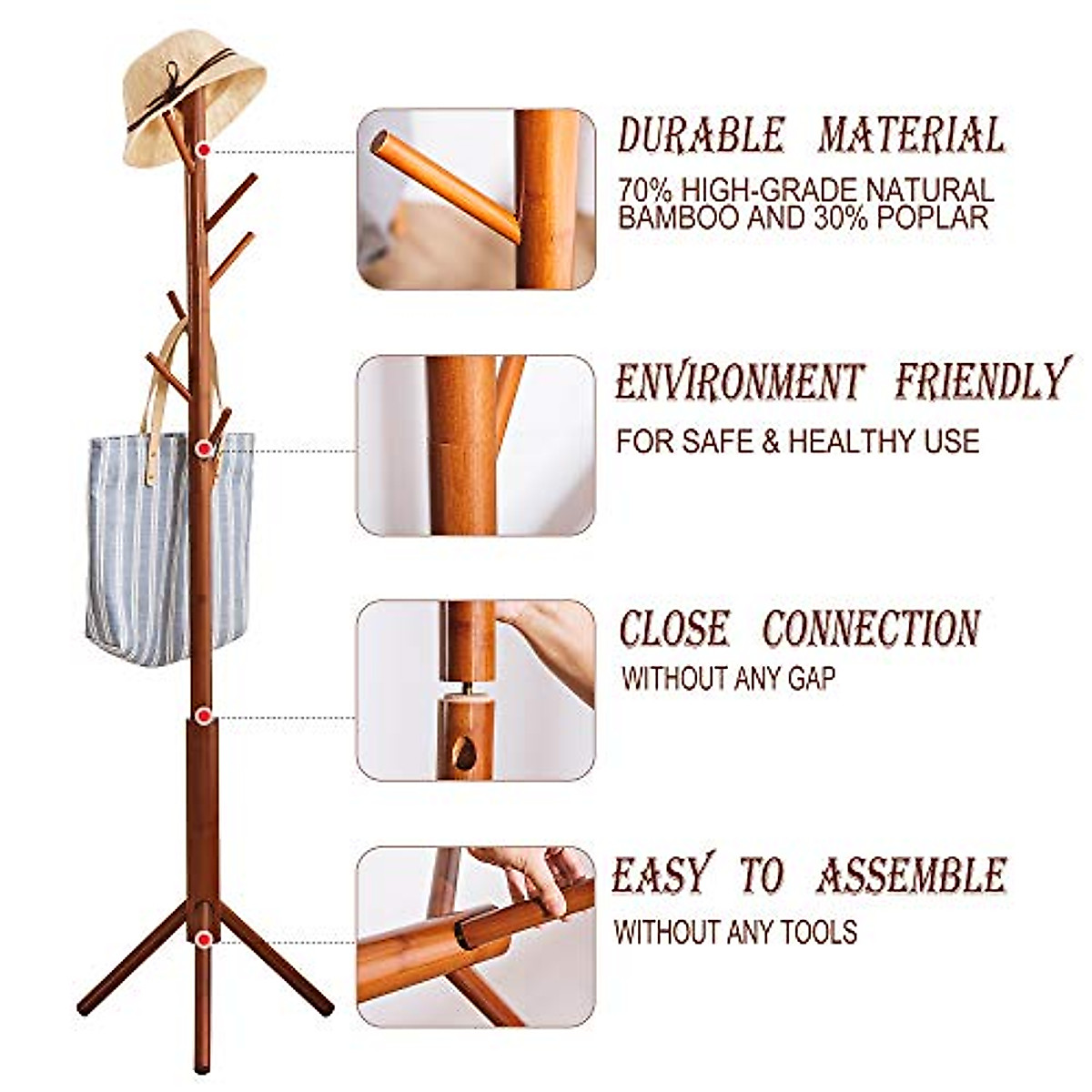FILWH Premium Bamboo Coat Rack Tree with 8 Hooks, 3 Adjustable Sizes Free Standing Wooden Coat Rack, Super Easy Assembly Hallway, Entryway Coat Hanger Stand for Clothes Suits