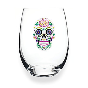 THE QUEENS' JEWELS Sugar Skull Jeweled Stemless Wine Glass, 21 oz. - Unique Gift for Women, Birthday, Cute, Fun, Not Painted, Decorated, Bling, Bedazzled, Rhinestone