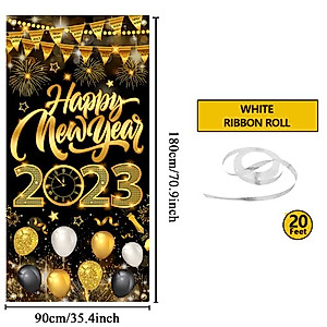 6x2.9Ft Happy New Year Door Cover, Happy New Year Door Decorations 2023, Happy New Year Door Banner for Happy New Year Decorations 2023, Black Gold Happy New Year Banner 2023 tineit