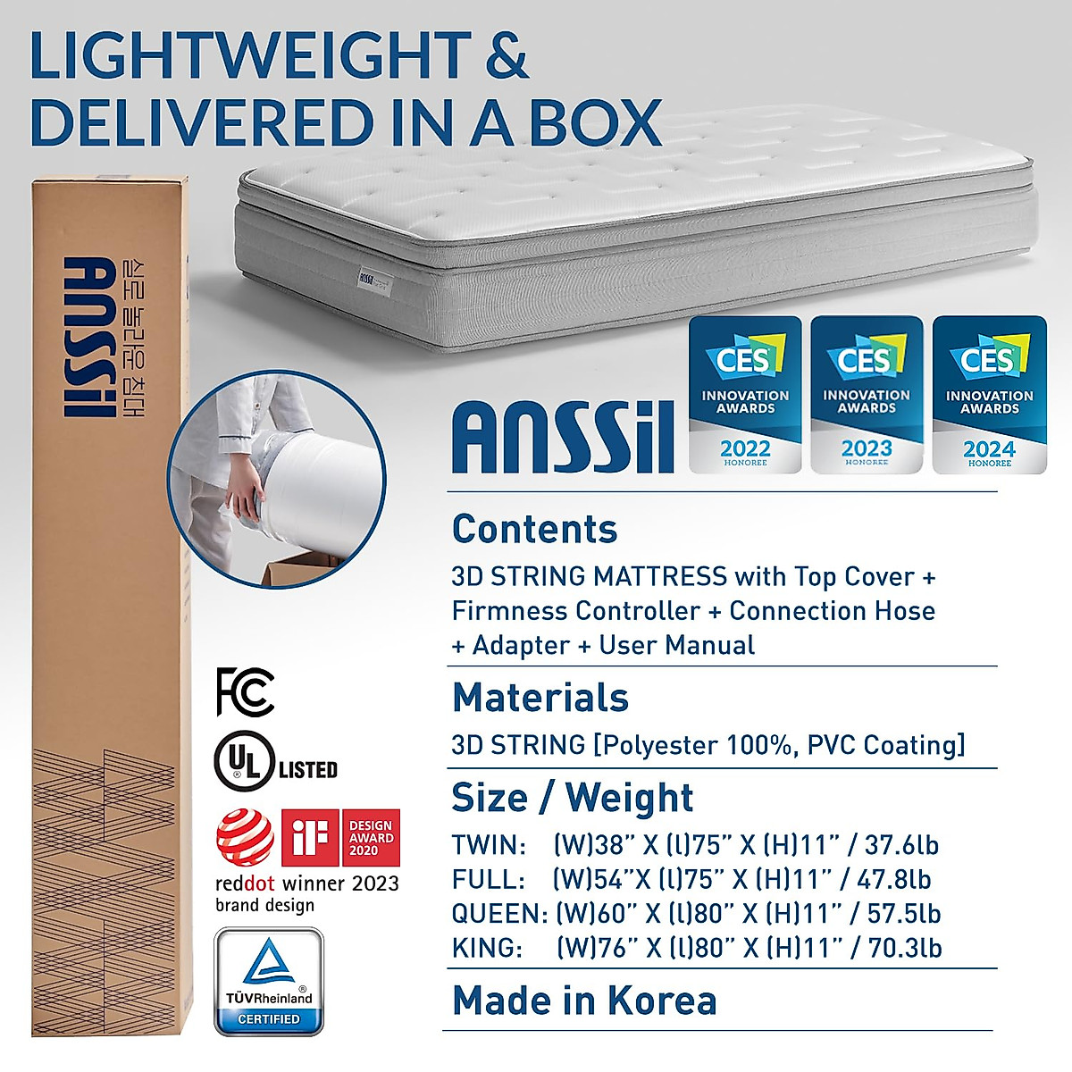 ANSSIL String Mattress Queen Size - Extra Firm Mattress with No Spring and 3D String Technology - Included Controller for Customizable Firmness - Hygienic and Lasting, No Chemical, 11” Bed Height