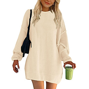 BTFBM 2024 Womens Sweaters Casual Crewneck Long Sleeve Oversized Sweater Dress Fall Winter Loose Slouchy Soft Pullover(Solid Beige, Medium)