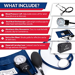 Dixie EMS Aneroid Sphygmomanometer and Dual Head Stethoscope Set with Adult Size Blood Pressure Cuff, Calibration Key and Carrying Case – Navy Blue
