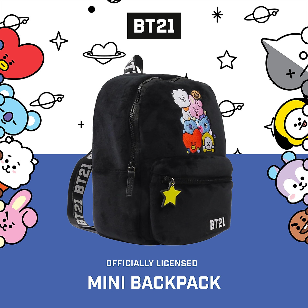 Concept One BT21 LINE FRIENDS Backpack, Plush Mini School Bag, Black, One Size