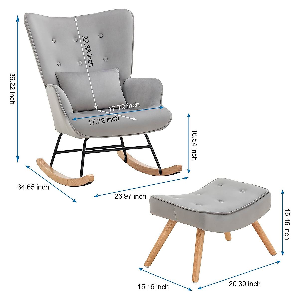 Artechworks Modern Velvet Rocking Chair, Glider Chair with Ottoman Cushion, Nursery Mid Century Upholstered Tufted Chair Rocking Armchair Rocker Accent Chair for Livingroom, Balcony, Grey