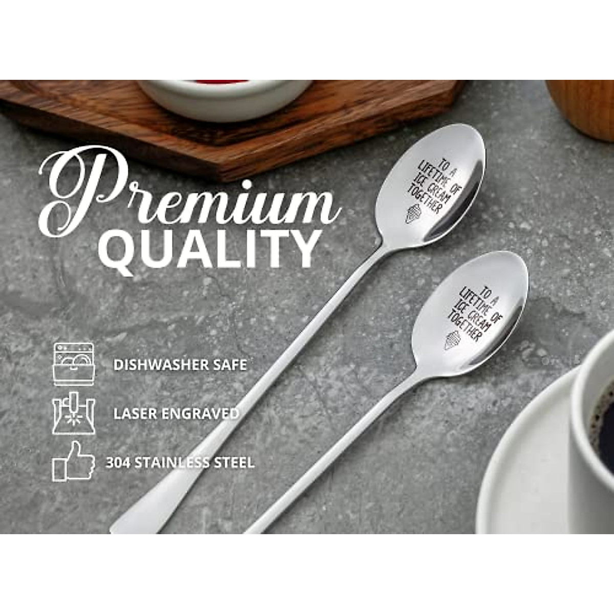 Engraved Ice Cream Spoon Gifts for Couple on Anniversary, 2 Pcs Personalized Coffee Spoon Stainless Steel, To a Lifetime of Ice Cream Together, Couple Gifts for Him and Her on Valentines Day