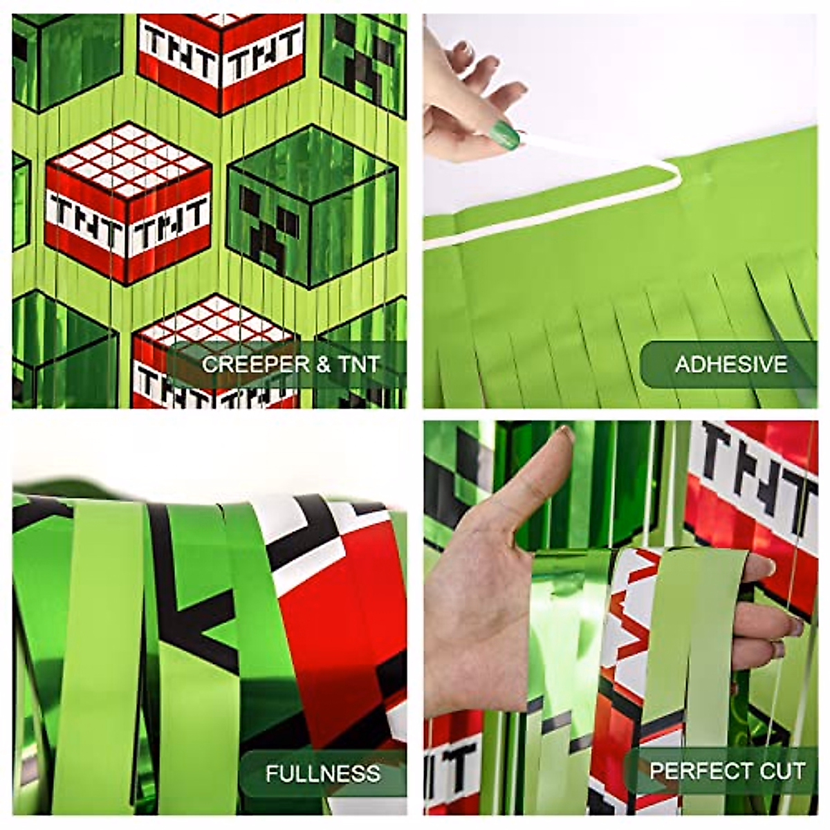 Bupelo Pixel Game Themed Party Supplies,4 Pack Creeper & TNT Tinsel Foil Fringe Curtains,Miner Themed Photo Booth Prop Backdrop Streamer,Miner Crafting Birthday Party Decorations,Room Decor for Kids