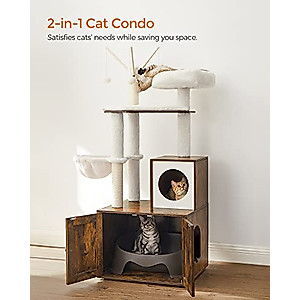Feandrea WoodyWonders Cat Tree with Litter Box Enclosure, 2-in-1 Modern Tower, Furniture Hidden, Cat Condo with Scratching Posts, Removable Pompom Sticks, Rustic Brown UPCT113X01