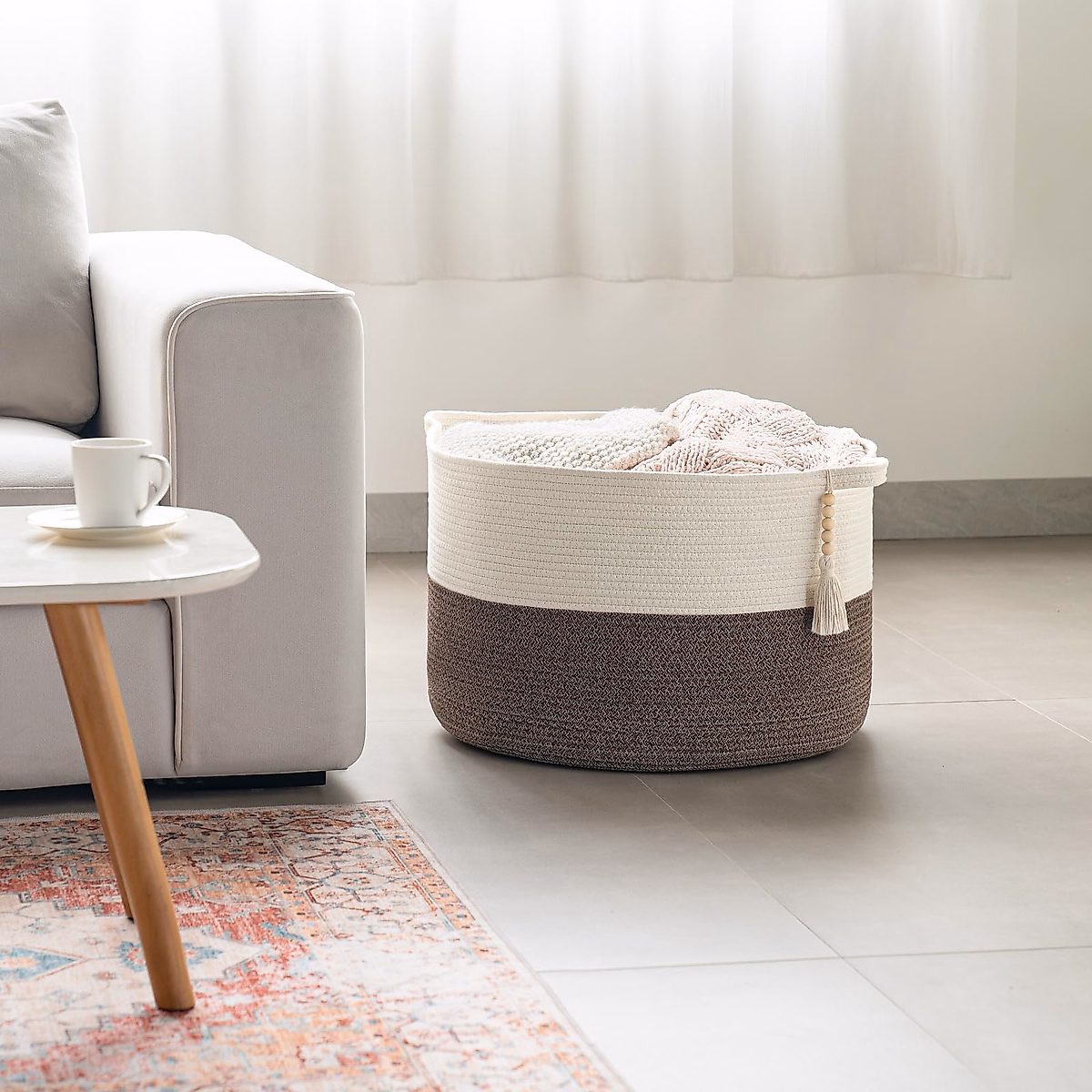 Mkono Extra Large Laundry Basket Woven Cotton Rope Storage Baskets for Blankets Toys Clothes Organizer, Decorative Clothes Hamper with Handle, 21.7" x 13.8"