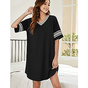 Ekouaer Womens, Nightgown Nightshirt, Cotton Novelty Sleepshirts, V Neck, Short Sleeve, Loose Comfy Pajama Sleepwear, A_a_black, X-Large