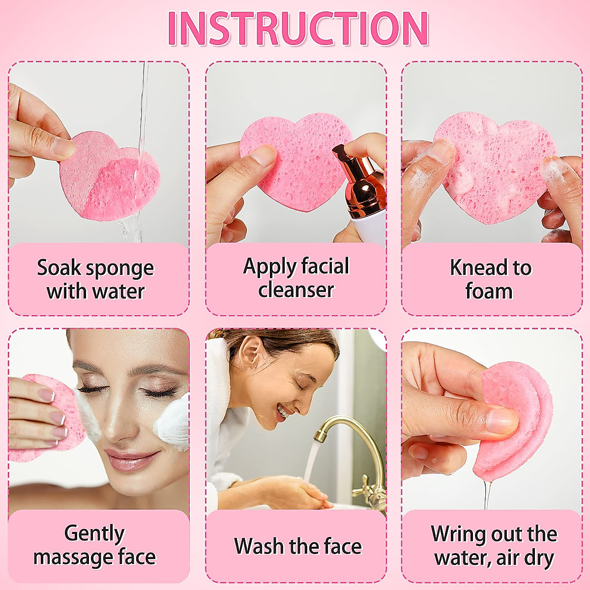 100 Pieces Heart Shape Facial Sponges Compressed Natural Cellulose Sponge Reusable Cosmetic Makeup Remover Sponge Face Cleansing Natural Sponge for Face Cleansing Exfoliating (Pink)