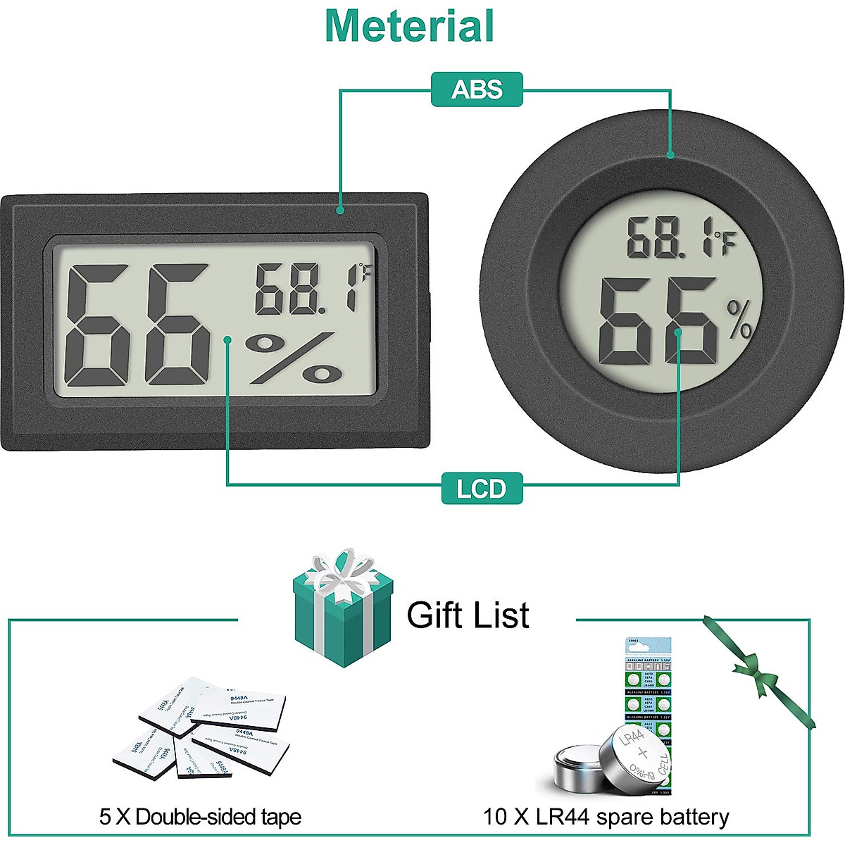 5-Pack Mini Digital Thermometer Hygrometer, Indoor Room Round Temperature Humidity Meter Gauge Monitor, Large LCD Display Fahrenheit or Celsius for Greenhouse, Home, Reptile, Humidors, Office, Garden