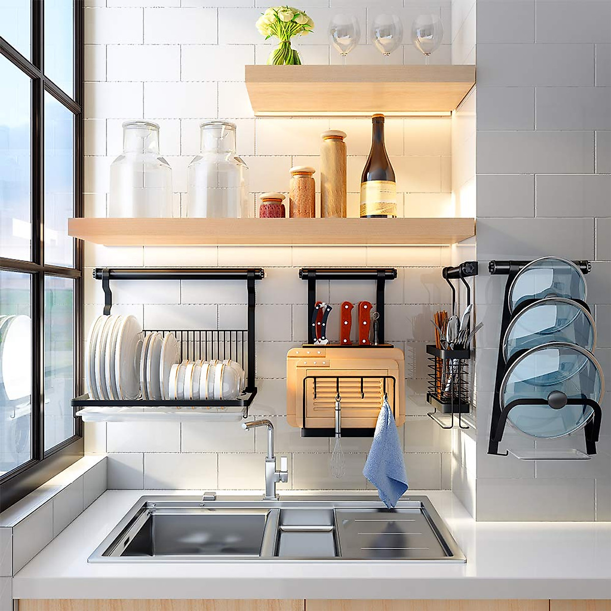 Eastore Life Hanging Dish Rack,Collapsible Dish Drying Rack with Drainboard, Stainless Steel Dish Drainer, Black