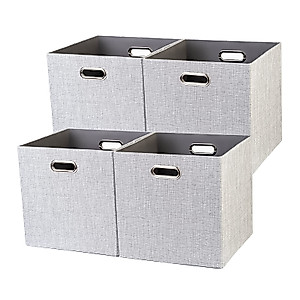 Jermichoc Cube Storage Bins 13x13inch - 4 Set Collapsible Linen Fabric Organizer Storage Bin with Dual Metal Handles for Organizing Closet, Clothes, Toys(Silver Grey)