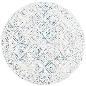 SAFAVIEH Tulum Collection 5' Round Ivory / Turquoise TUL264B Moroccan Boho Distressed Non-Shedding Dining Room Entryway Foyer Living Room Bedroom Area Rug