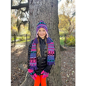 N'Ice Caps Kids Hat Glove Scarf Girls Winter Knit Accessory Set Warm Sherpa Lined 3 Piece (8-12 Years, purple/turq/fuchsia/black)